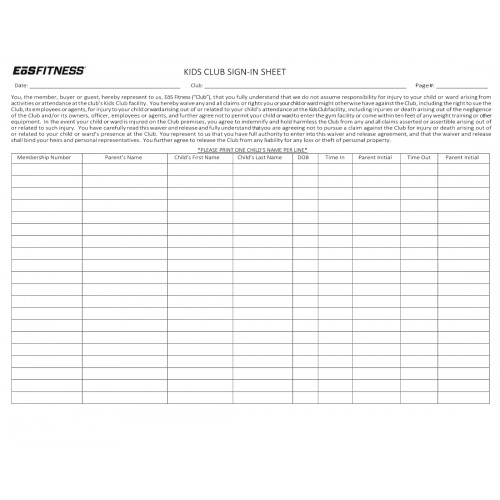 Kids Club - Sign In Sheet (Pack of 100)